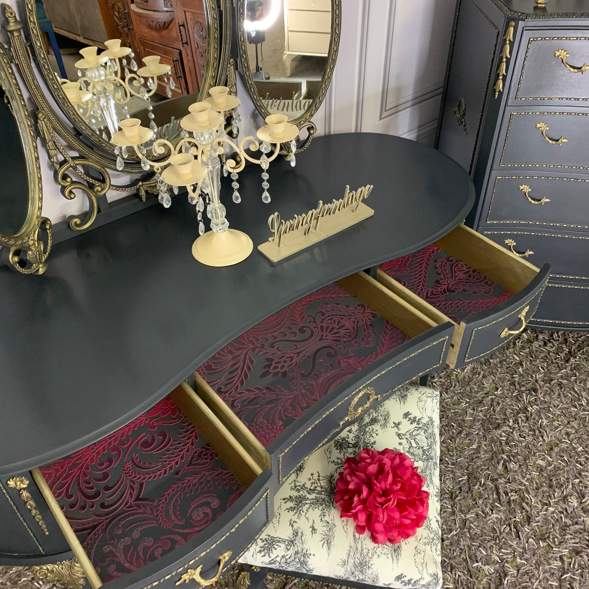 Olympus Dressing Table with Stool & Mirror Black & Gold – Living4vintage